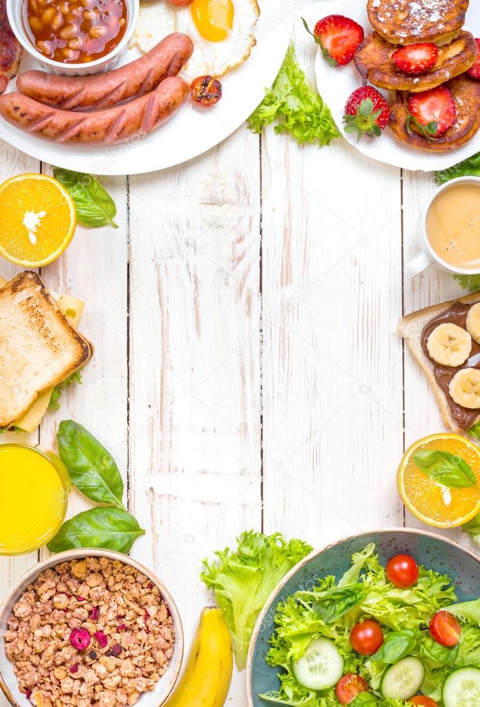 Different types of breakfast background Stock Photo by ©somegirl 105464118
