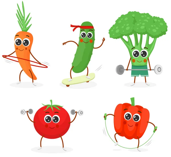 Sports vegetables set of various cute cartoon characters doing ...