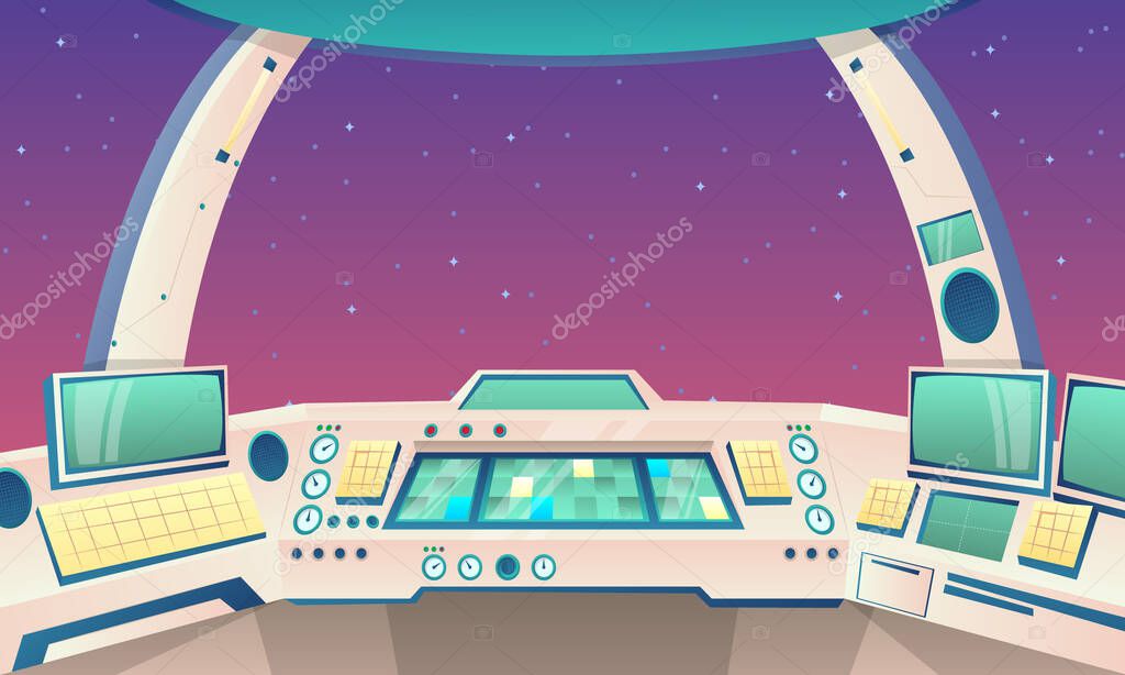 Cohete de fondo de dibujos animados dentro. Interior de la cabina de la ...