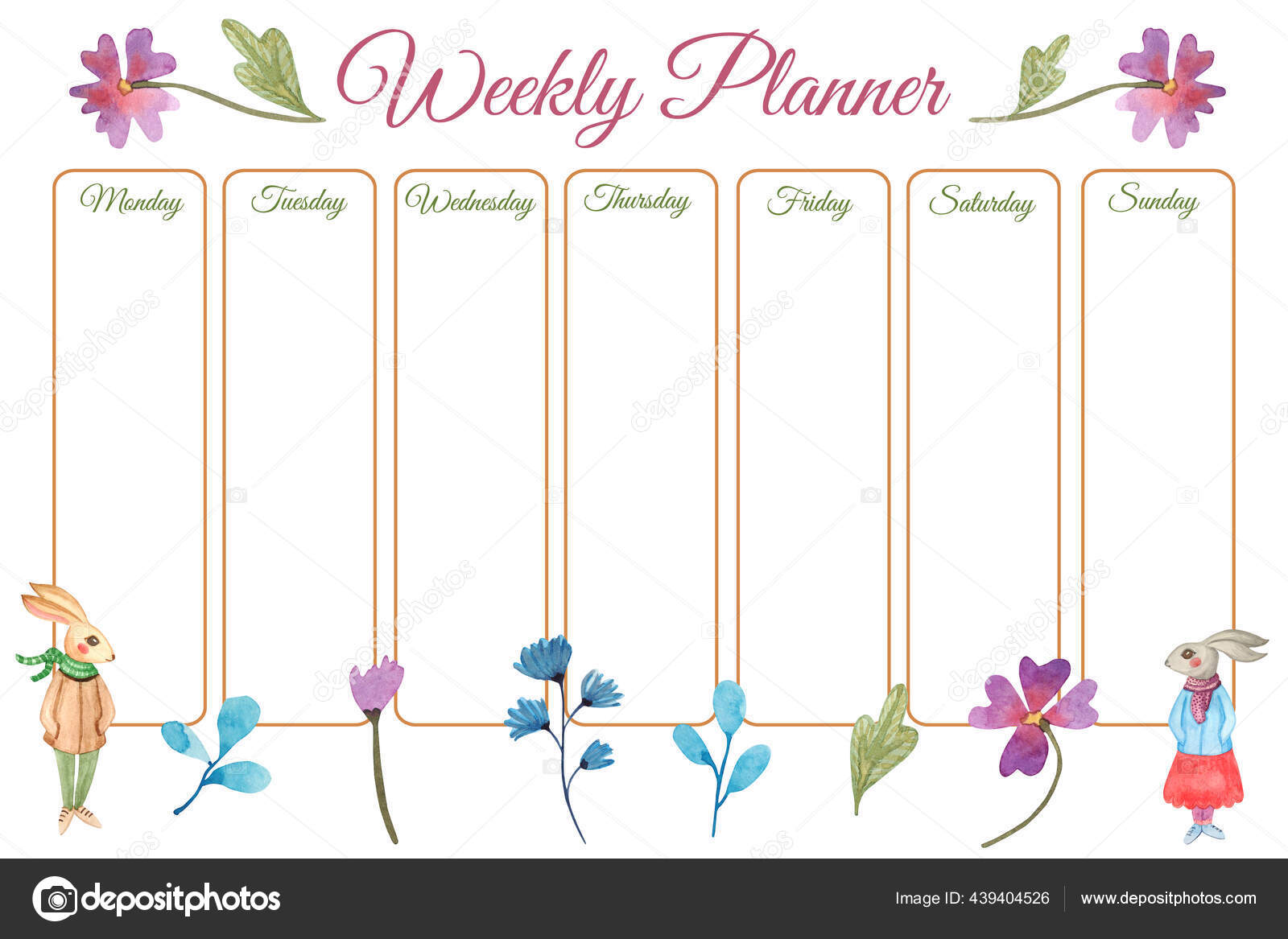 Weekly Planner Watercolor Painted Flowers Hares Spring Planning Sheet ...