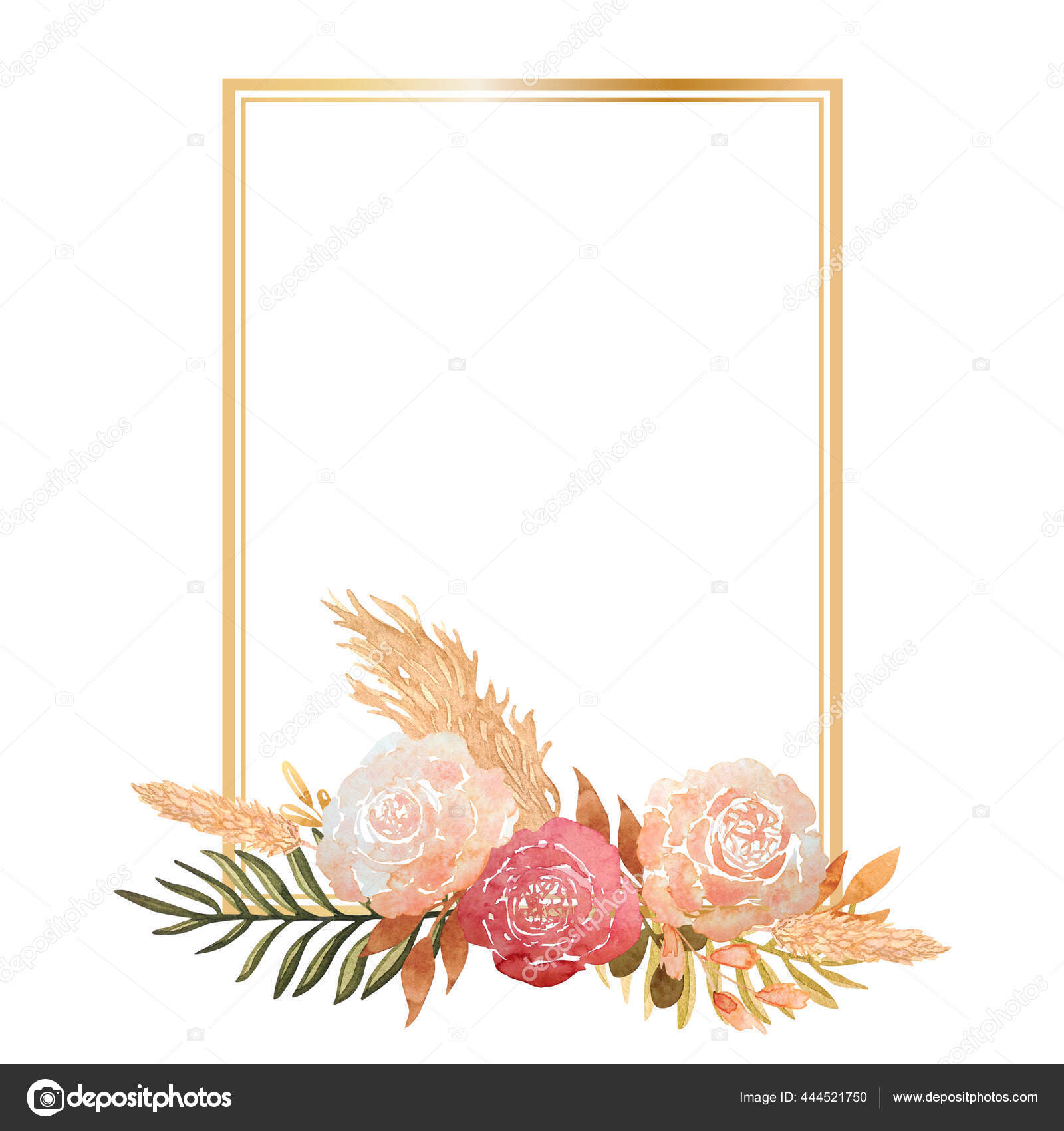 Marco Rectangular Dorado Con Arreglo Floral Acuarela Estilo Boho Sobre ...