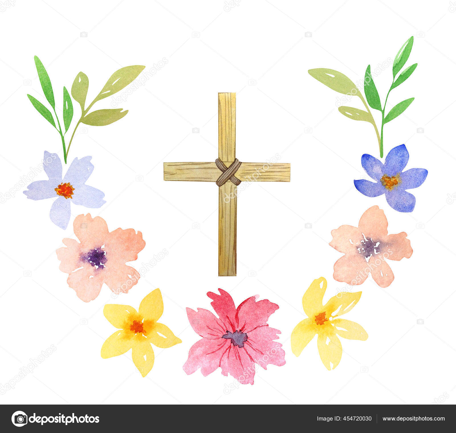 Watercolor Composition Cross Flowers Isolated White Background Wooden ...