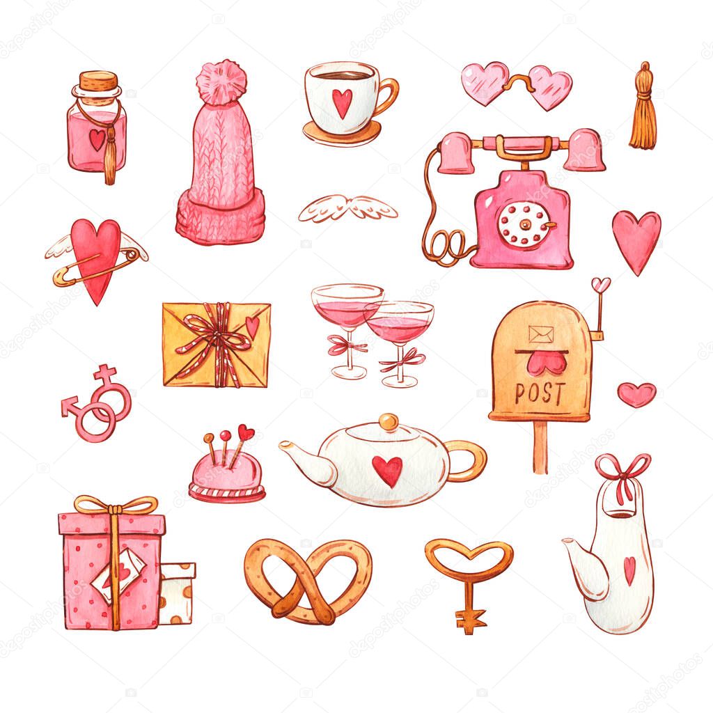 San Valent n mano dibujado acuarela clipart conjunto aislado sobre fondo blanco. Amor, dibujos ...