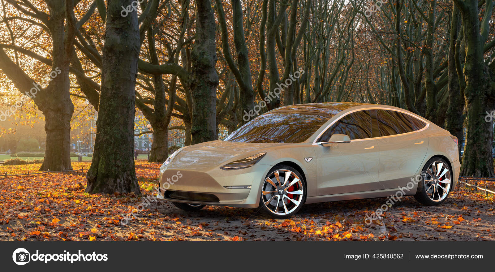 Tesla Model Background Beautiful Avenue Plane Trees Autumn Park Sunrise ...