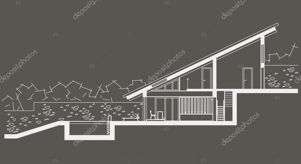 Bosquejo lineal arquitectónico casa de dos niveles con piscina. Dibujo ...