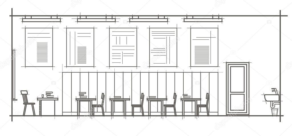 Classroom sketch | Linear architectural sketch interior classroom front ...
