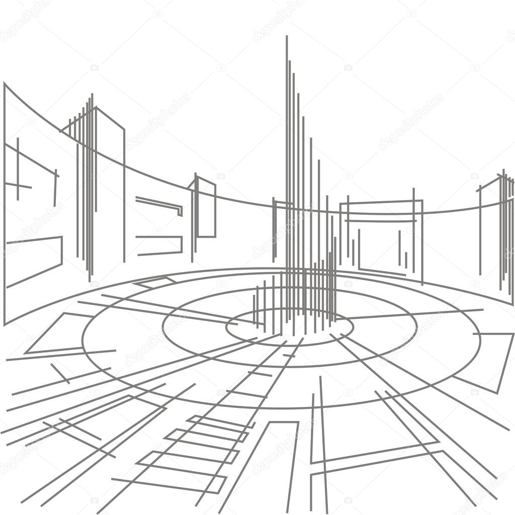 Linear architectural sketch town square on white background Stock ...