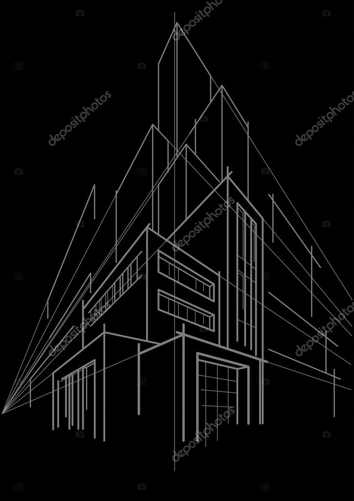 Abstract linear sketch multi-storey building on black background Stock ...