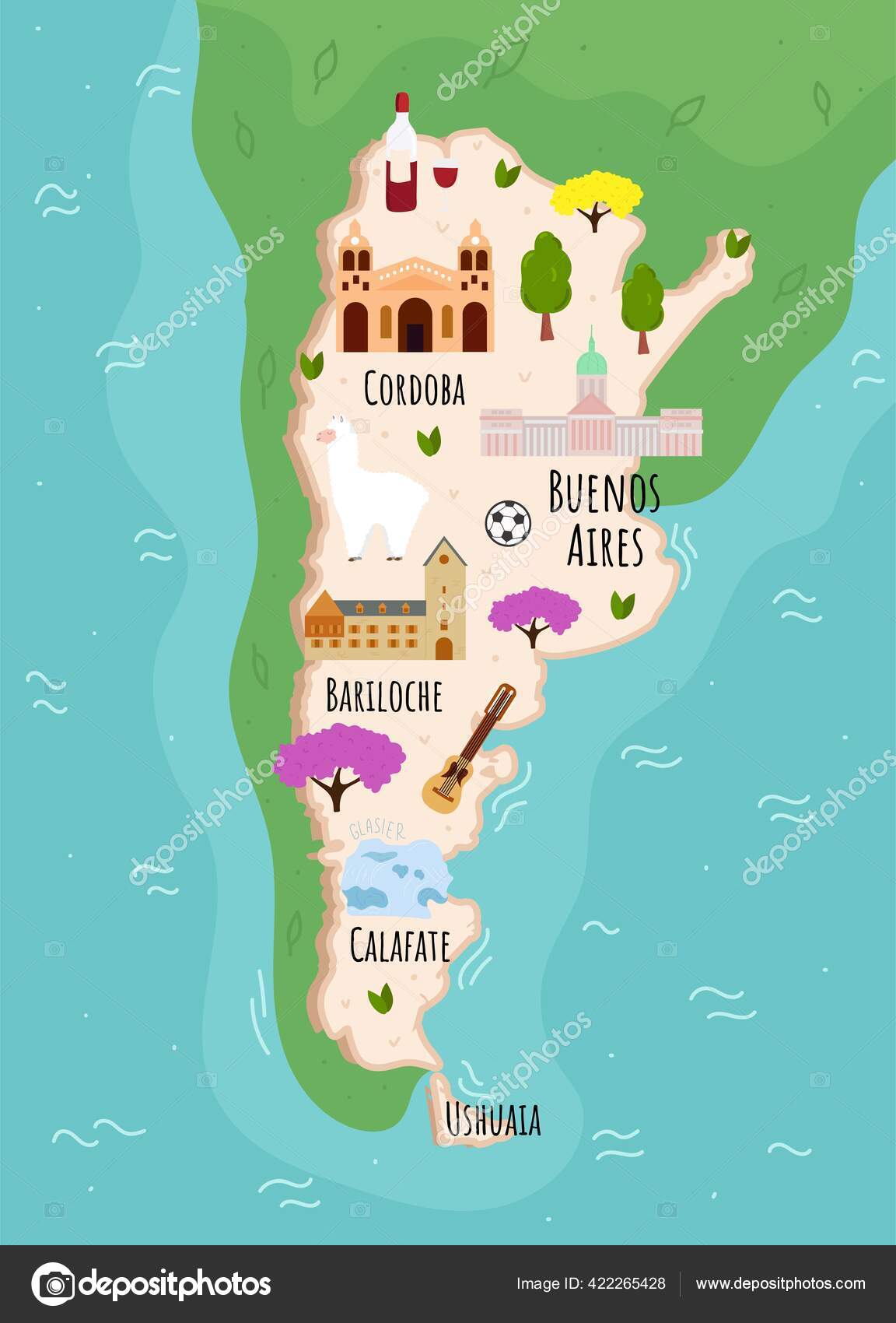 Cartoon Map Argentina Ilustração Viagem Com Marcos País Sul Americano ...