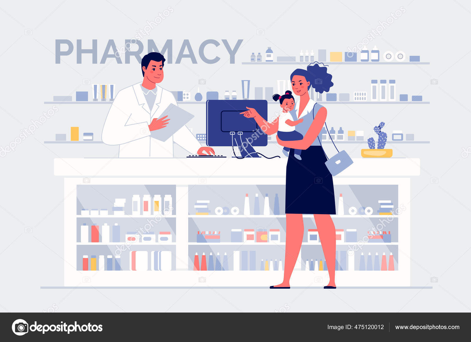 Una Mujer Con Hijo Compra Medicamentos Farmacéutico Amigable Farmacia ...