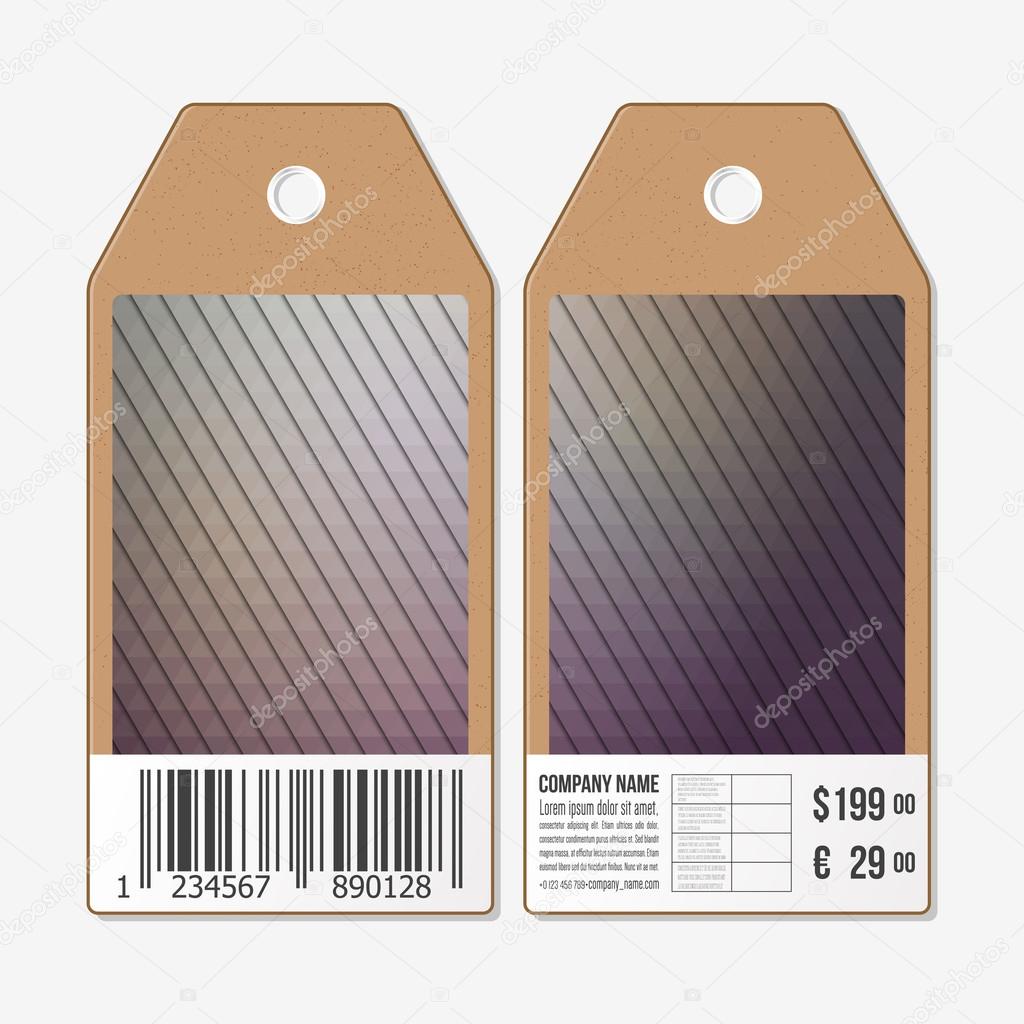 Tags on both sides, cardboard sale labels with barcode. Polygonal ...