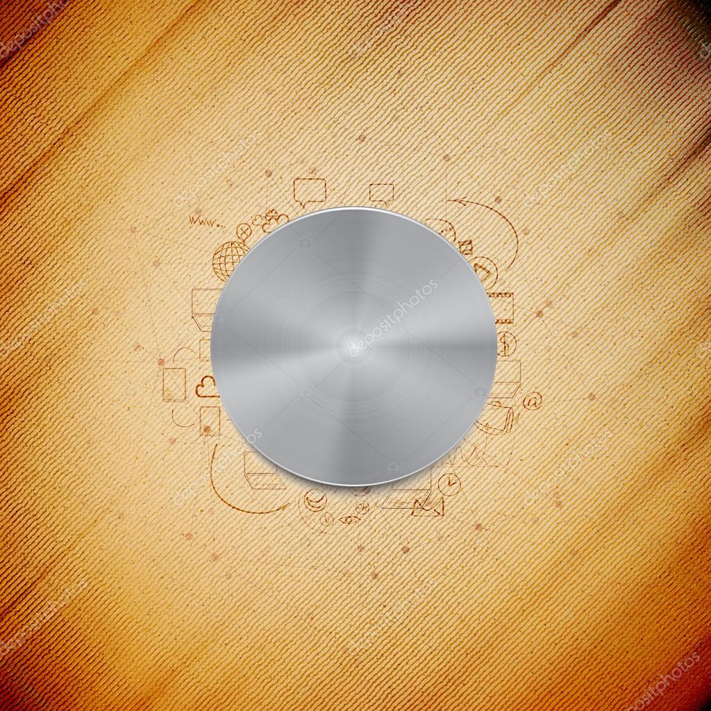 Metal power button with other doodle design elements, wooden background ...