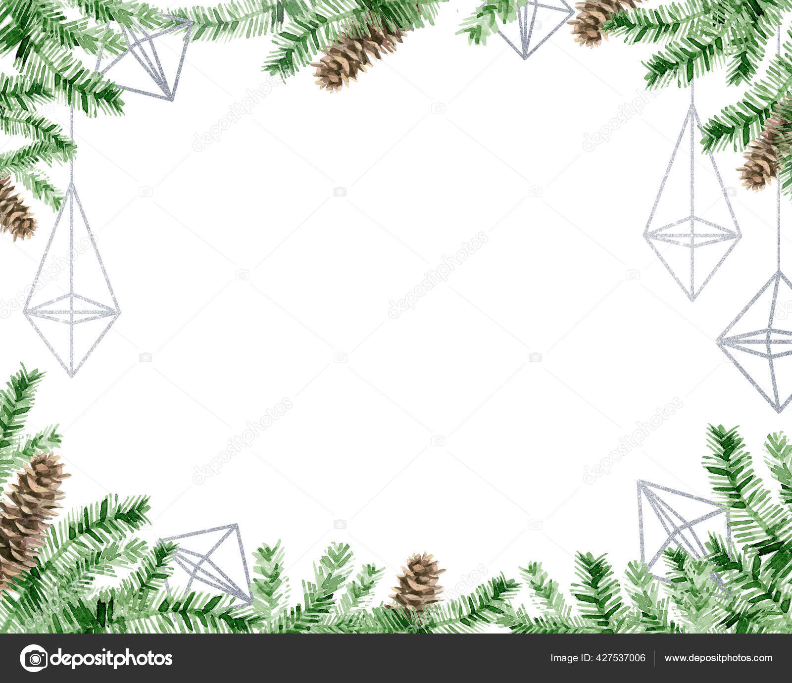 Christmas tree decorated frame with empty space. Painted fir branches ...