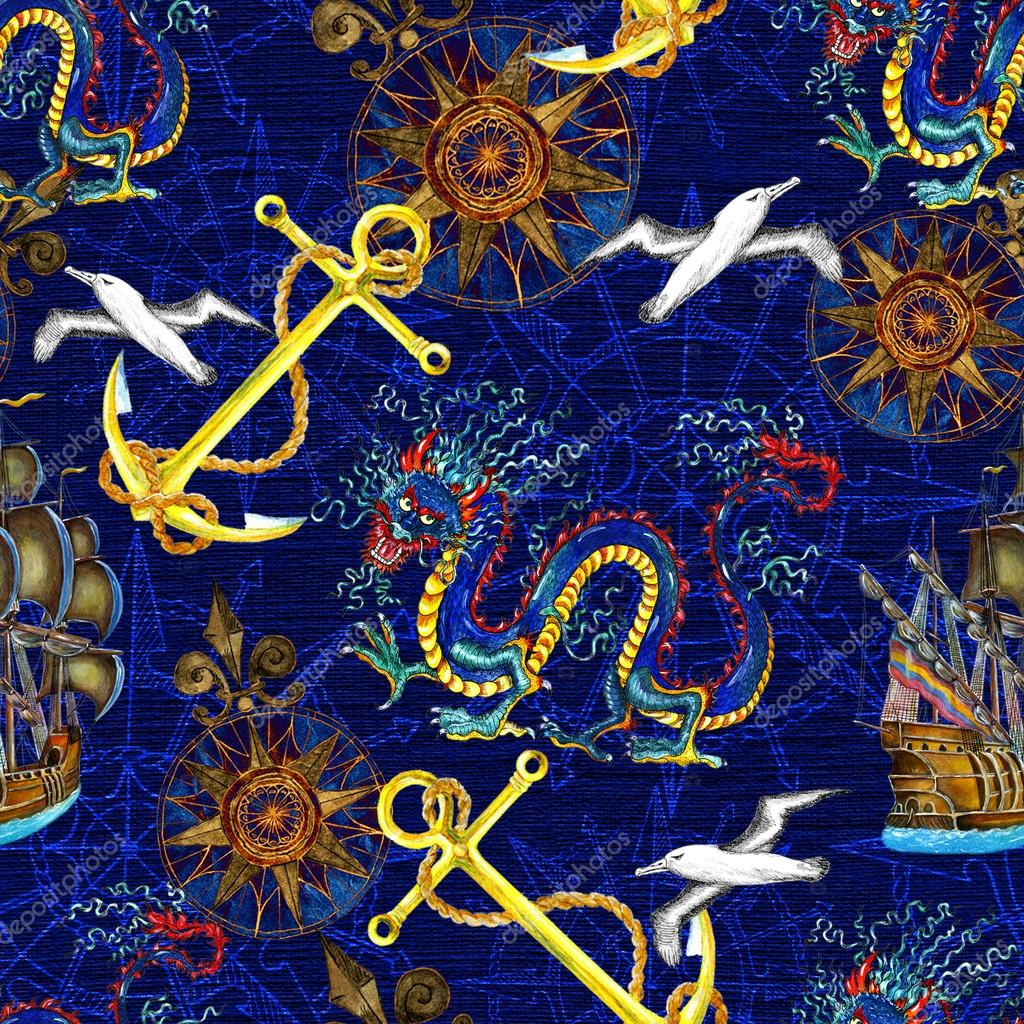 Background with sea elements, dragons, anchors — Stock Photo ...