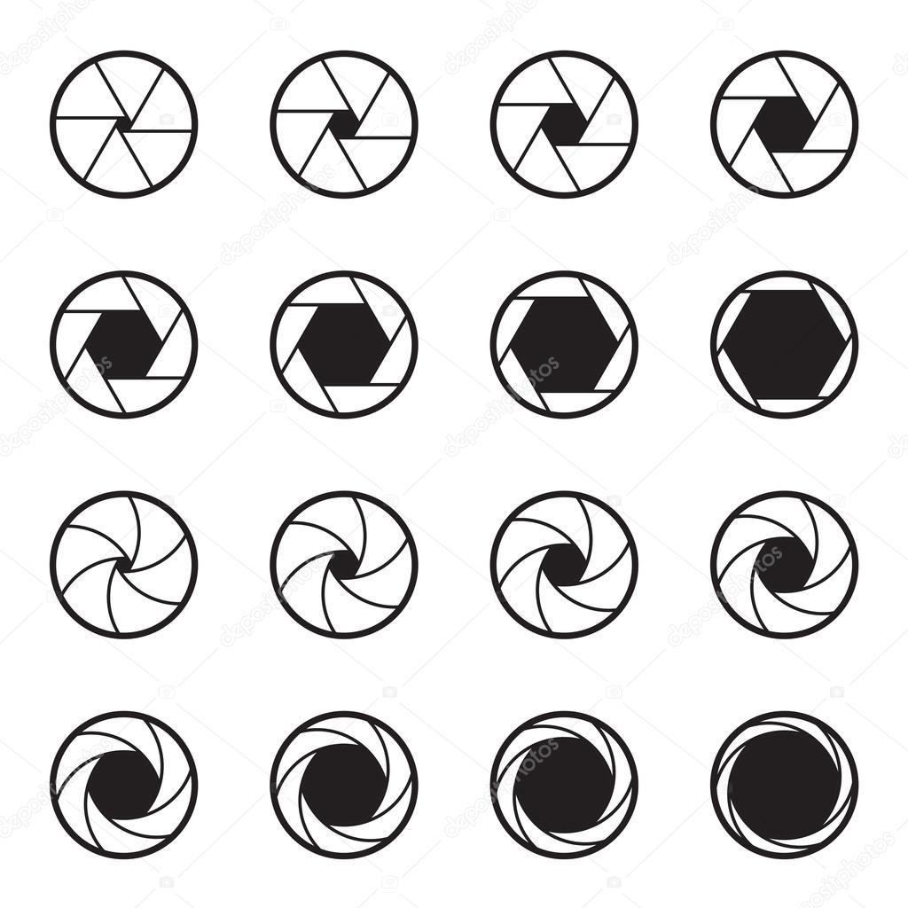 Set of black camera lens aperture icons isolated on a white background ...