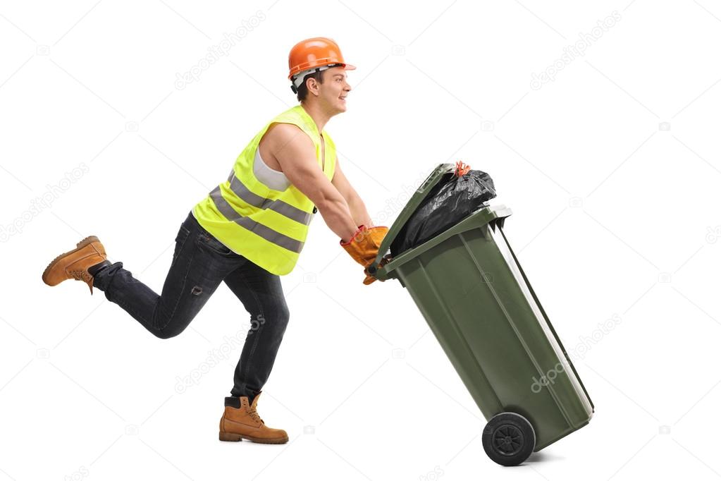 Waste collector pushing a trash can Stock Photo by ©ljsphotography ...