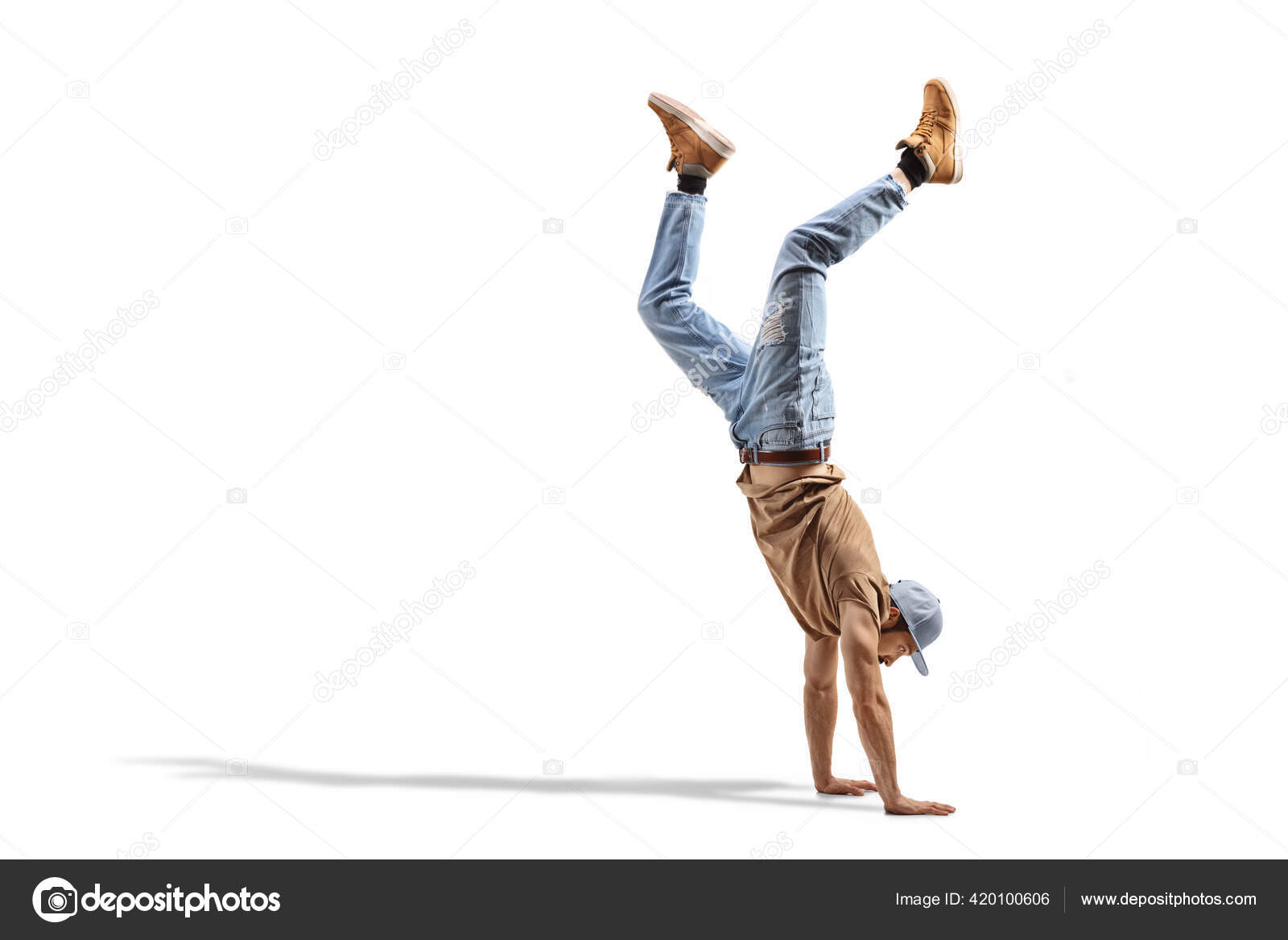 Guy Jeans Performing Hand Stand Isolated White Background — Stock Photo ...