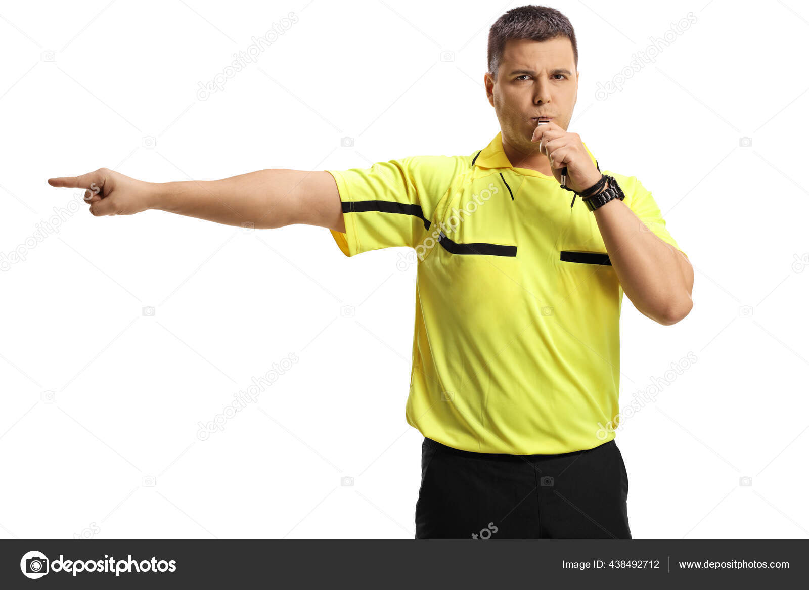Football Referee Blowing Whistle Pointing Isolated White Background ...