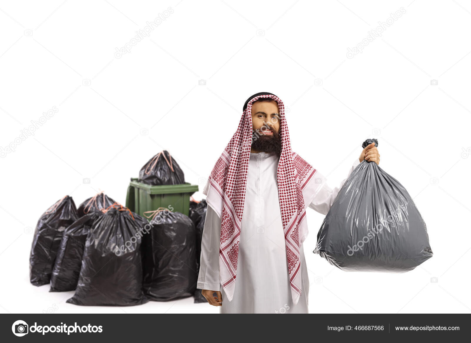 Saudi Arab Man Throwing Plastic Waste Bag Bin Isolated White Stock ...