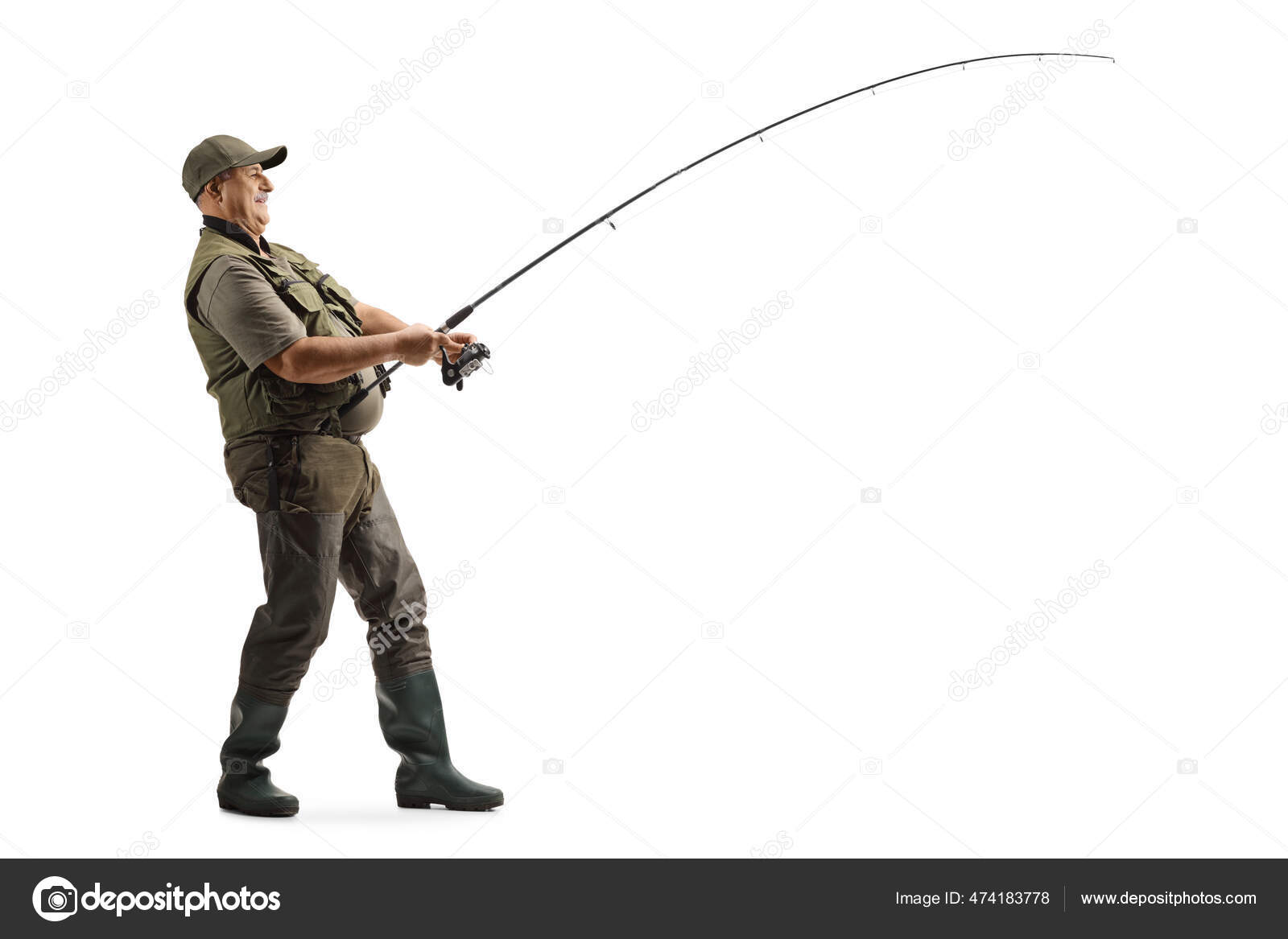 Full Length Profile Shot Mature Fisherman Uniform Fishing Isolated ...