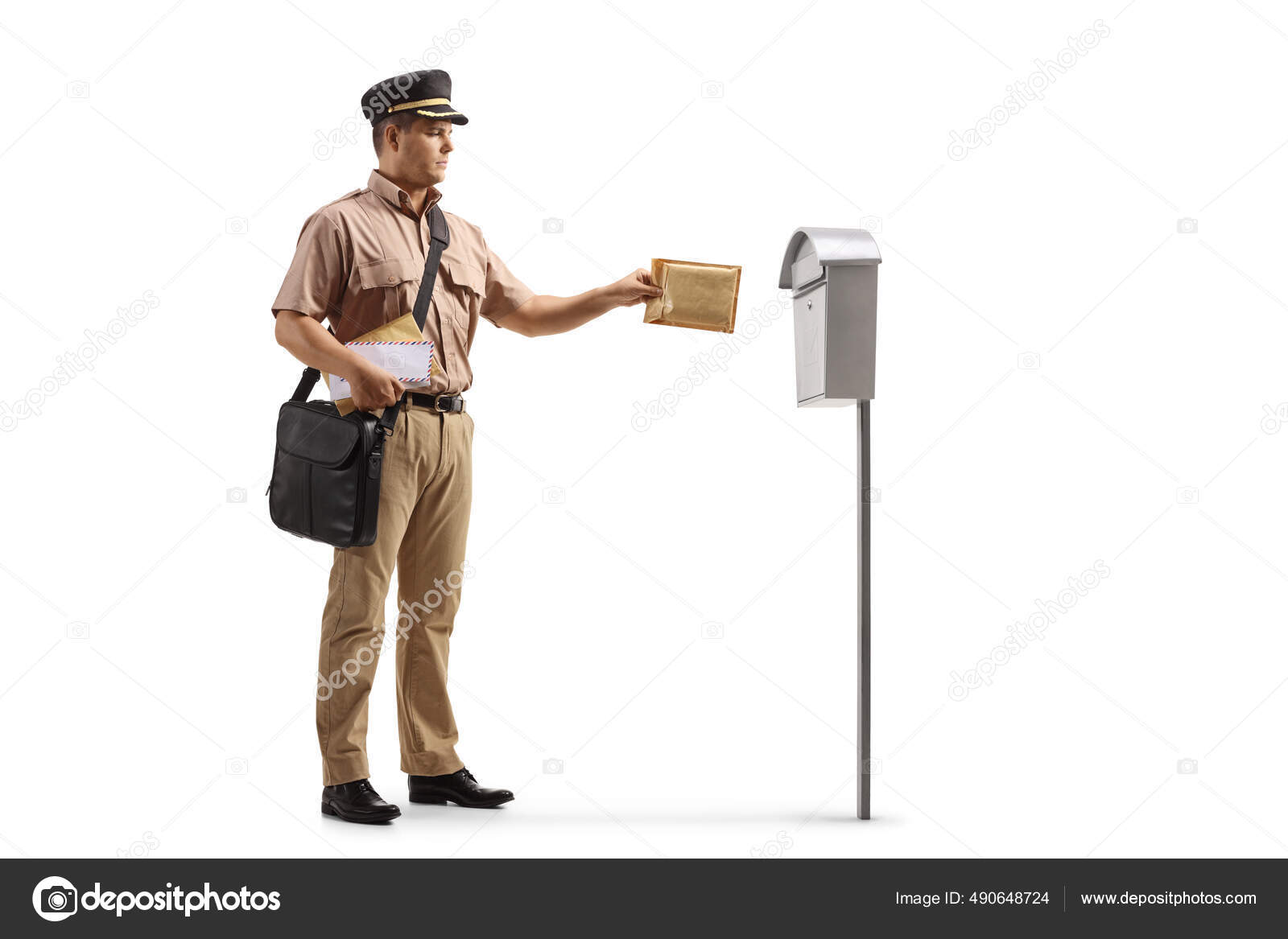 Full Length Shot Mailman Uniform Putting Letter Mail Box Isolated Stock ...