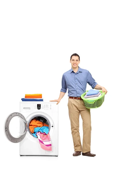 Young Man Leaning Washing Machine Smiling Isolated White Background ...