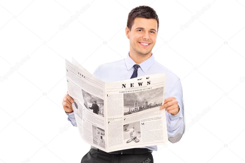 Handsome man holding a newspaper — Stock Photo © ljsphotography #71480395