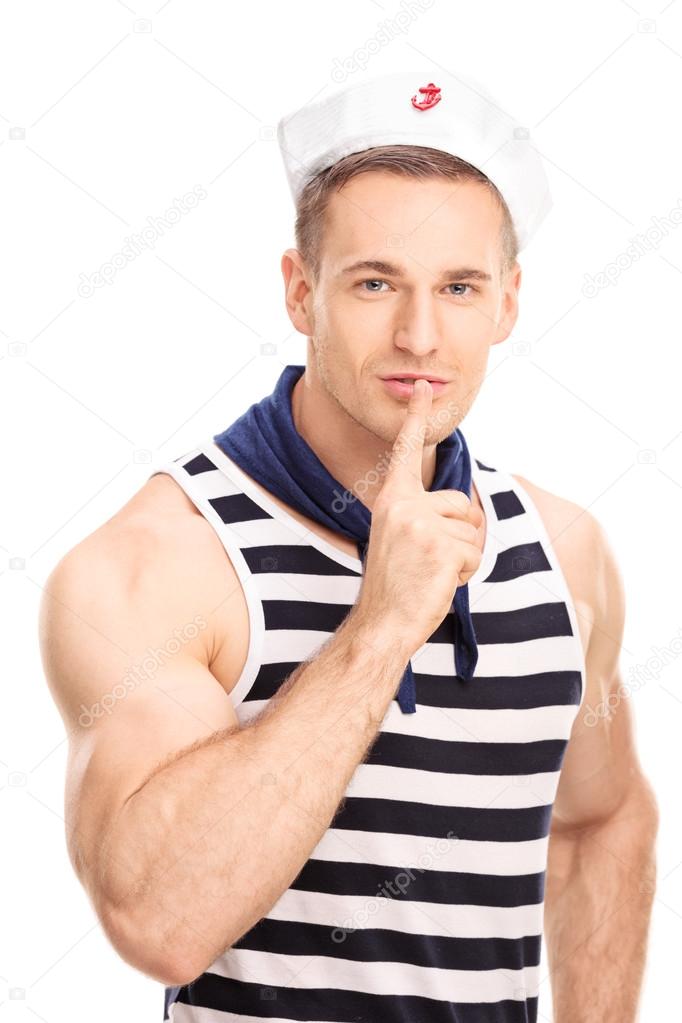 Handsome sailor holding finger on lips — Stock Photo © ljsphotography ...