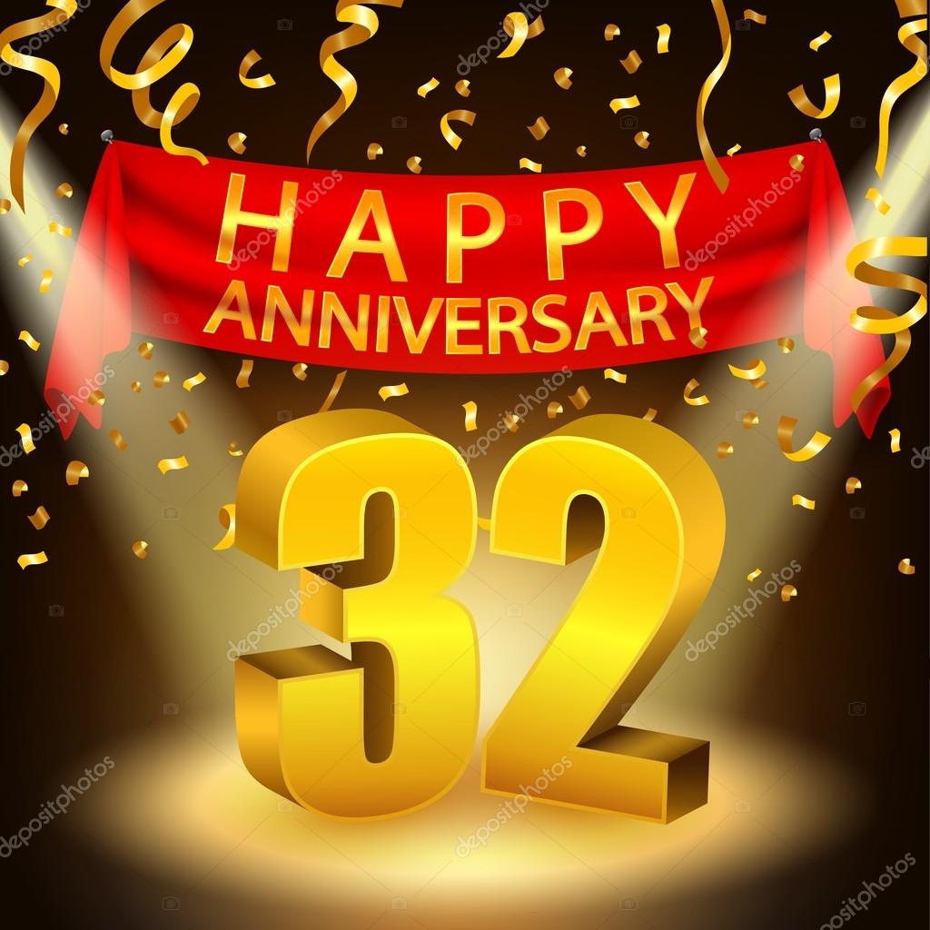 Happy 32nd Anniversary celebration with golden confetti and spotlight ...