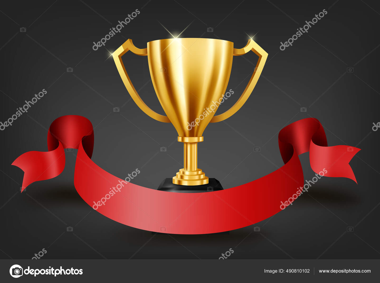 Realistická Zlatá Trofej Textovým Prostorem Červené Stuze Stock Vector ...