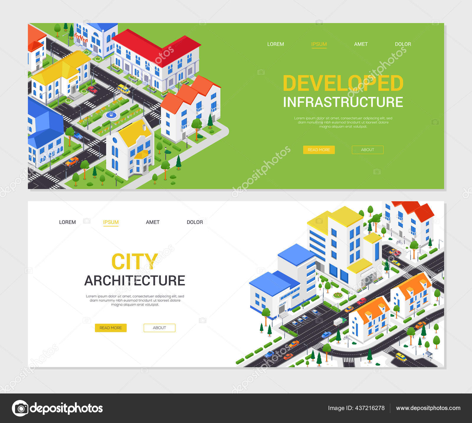Developed infrastructure - set of modern colorful isometric web banners ...