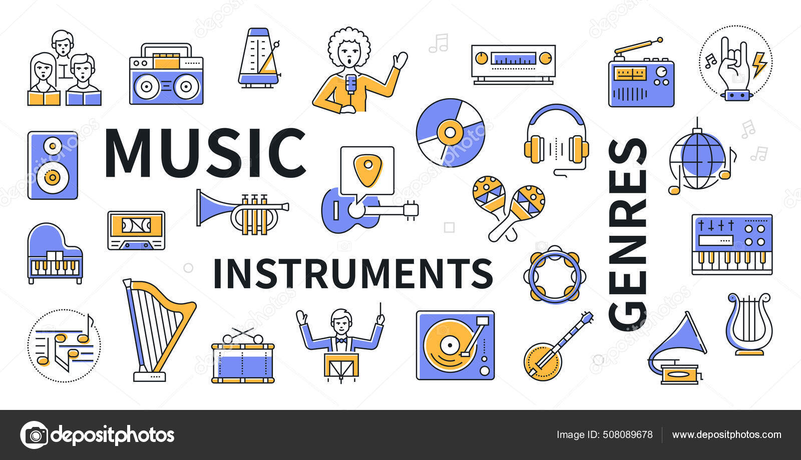 Musical instruments and genres - line design icon set Stock Vector ...