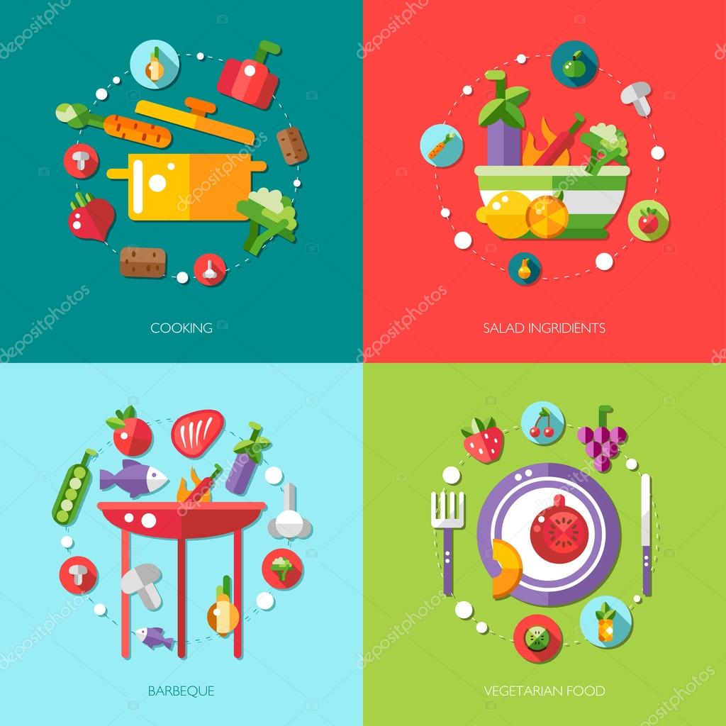 Illustration of flat design food, fruits and vegetables icons co Stock ...