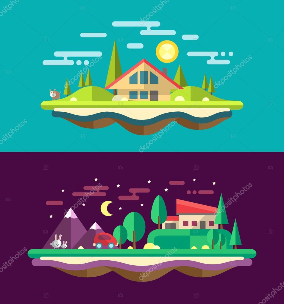 Modern flat design conceptual landscape illustrations with build ...