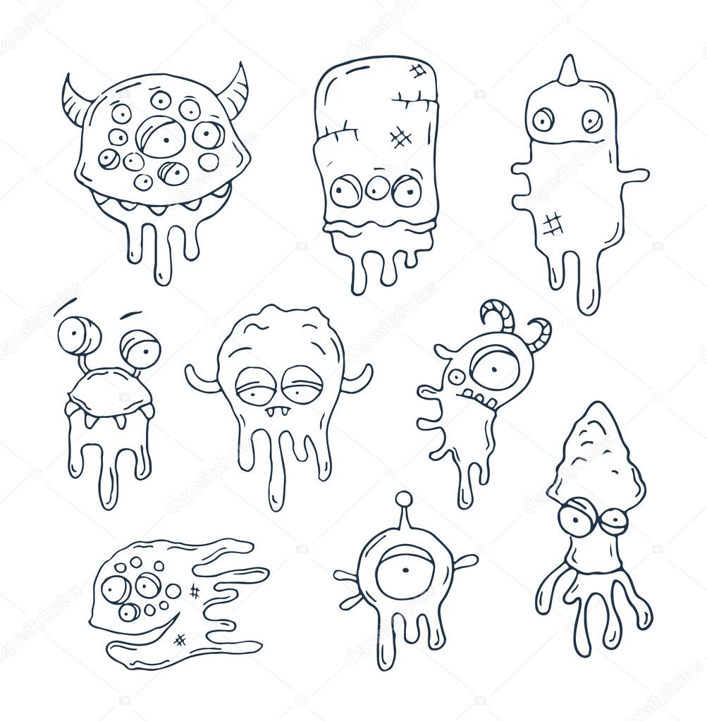 Illustration of friendly, cool, cute hand-drawn monsters collect Stock ...