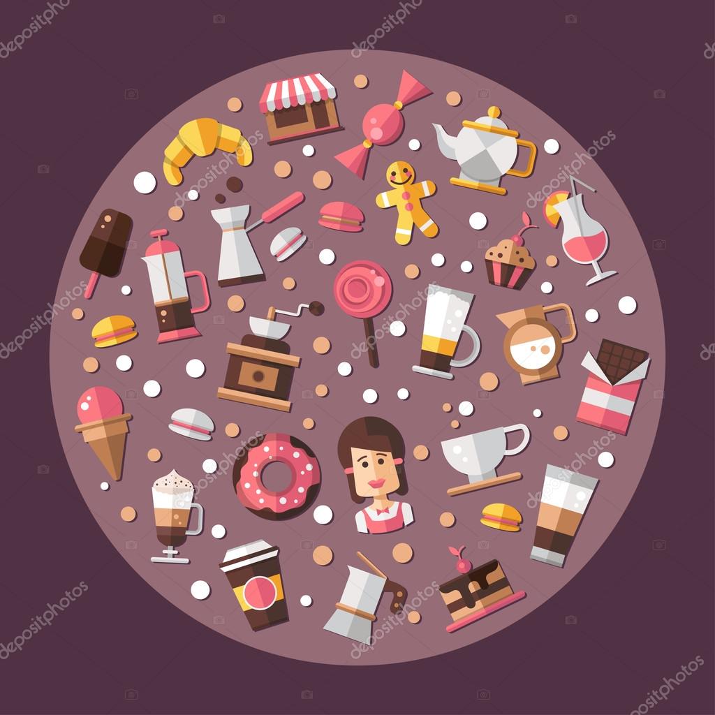 Composición circular de diseño plano moderno cafetería, cafetería y ...