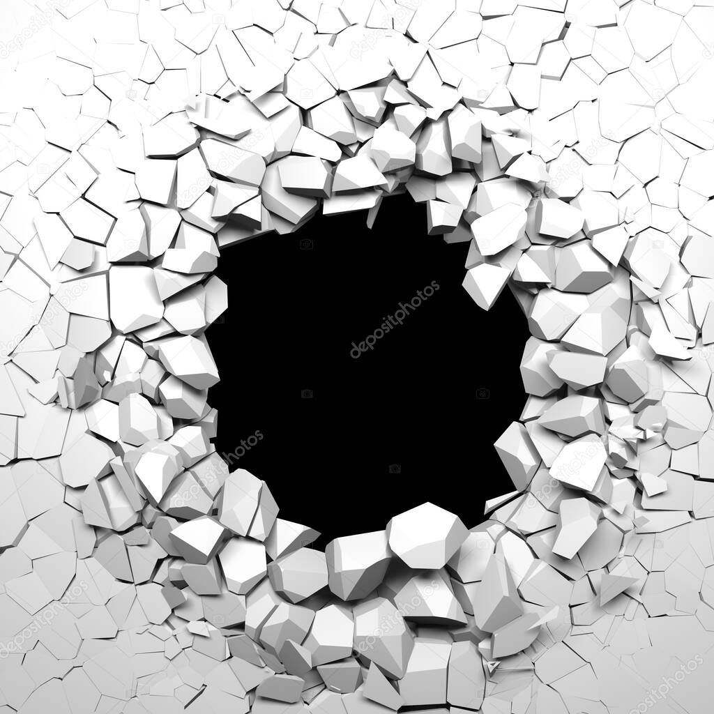 Pared blanca rota con un agujero en el centro. Superficie agrietada ...