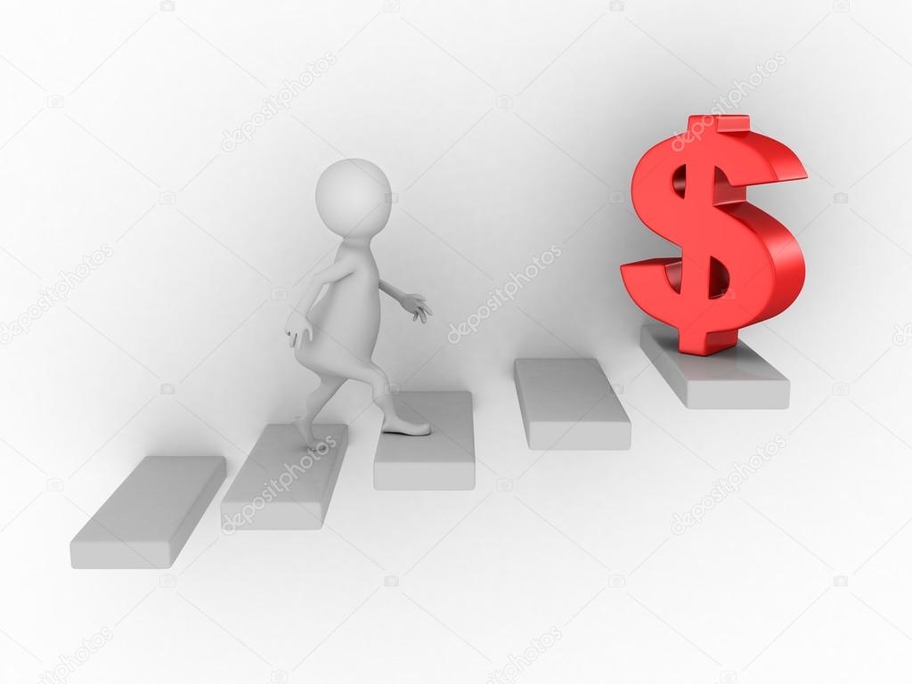 White 3d person climbing up on ladder to dollar symbol — Stock Photo ...