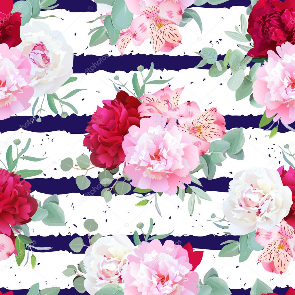 Navy blue striped floral seamless vector print with peony, alstr ...