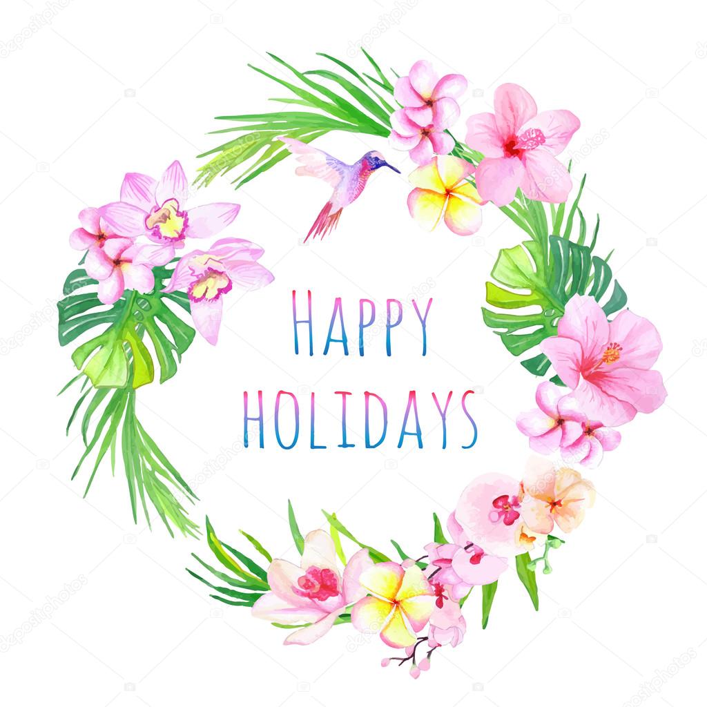 Happy holidays and tropical flowers vector design frame — Stock Vector ...