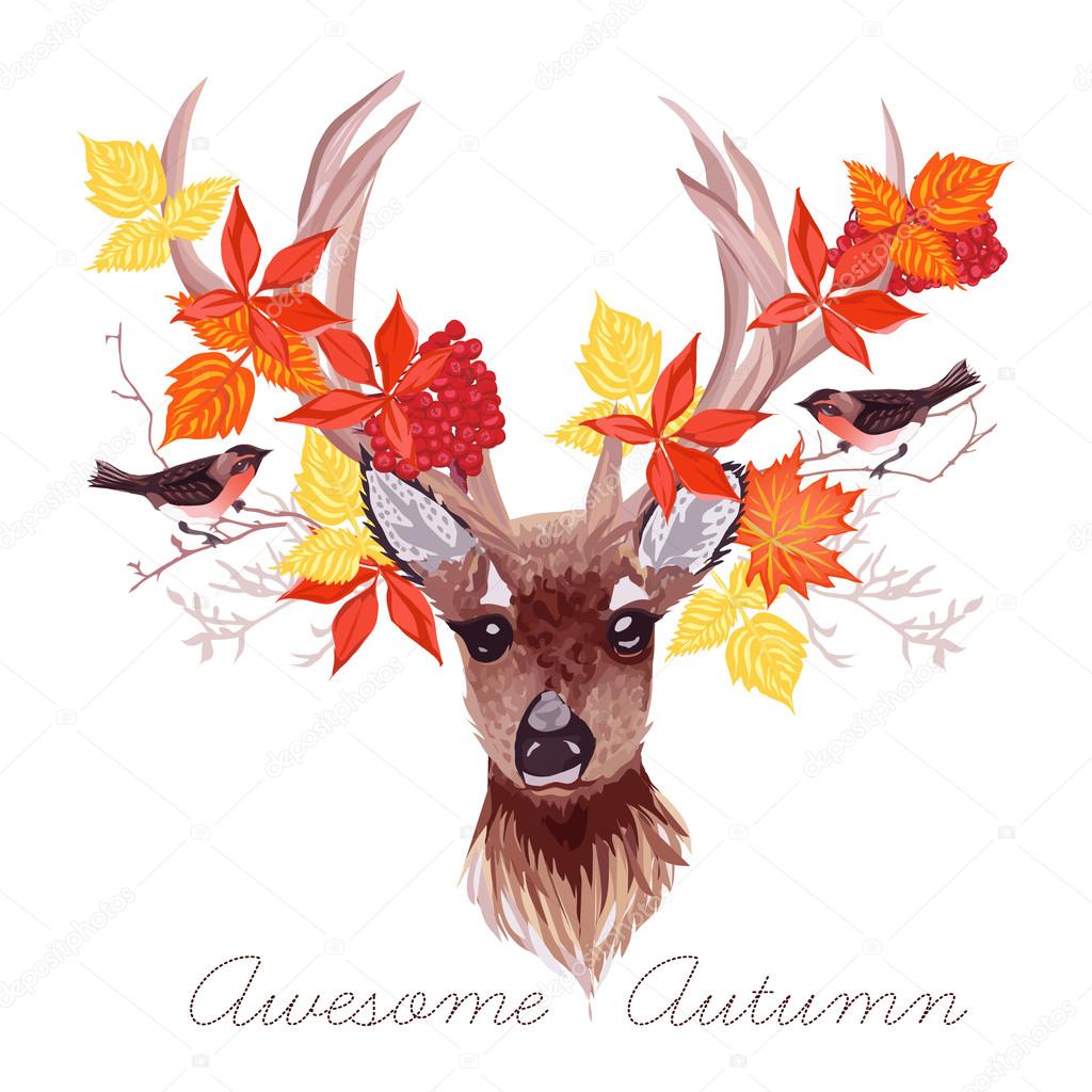 Deer, autumn leaves and bullfinches vector design Stock Vector Image by ...