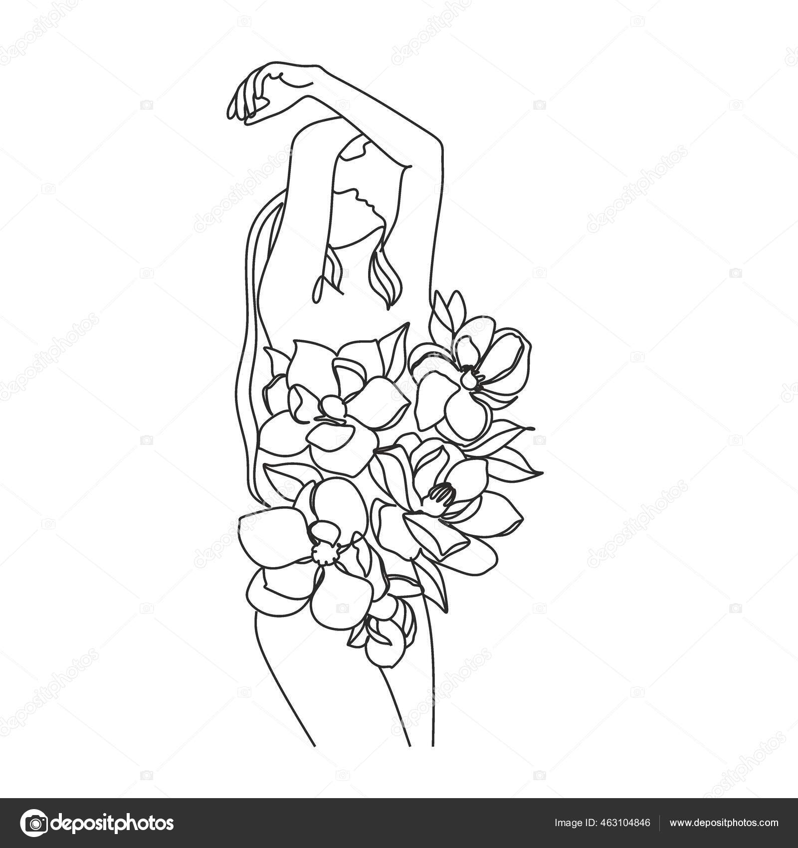 Cabeza Mujer Con Composición Floral Ilustración Arte Línea Vectorial ...