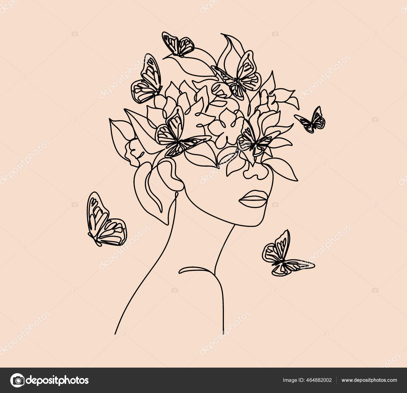 Abstract Face Flowers One Line Drawing Portrait Minimalistic Style