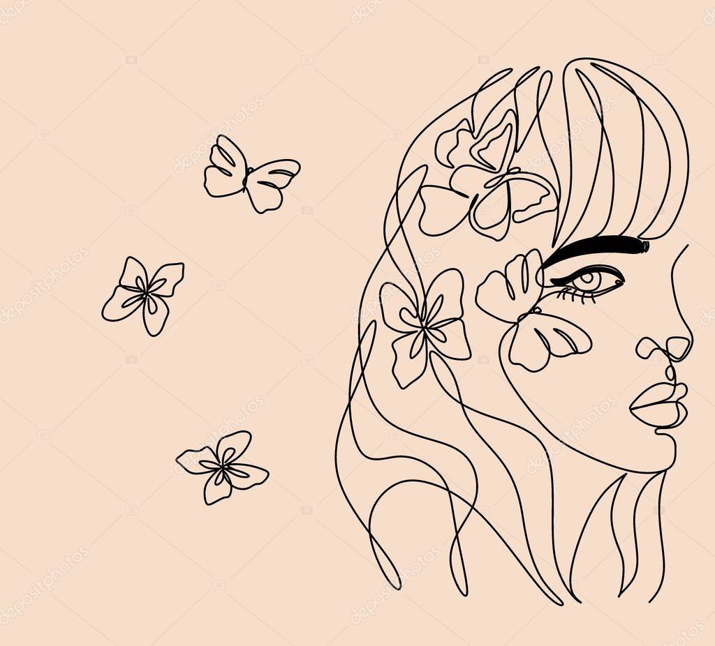 Cara abstracta con mariposa por dibujo de una línea. Retrato de estilo ...