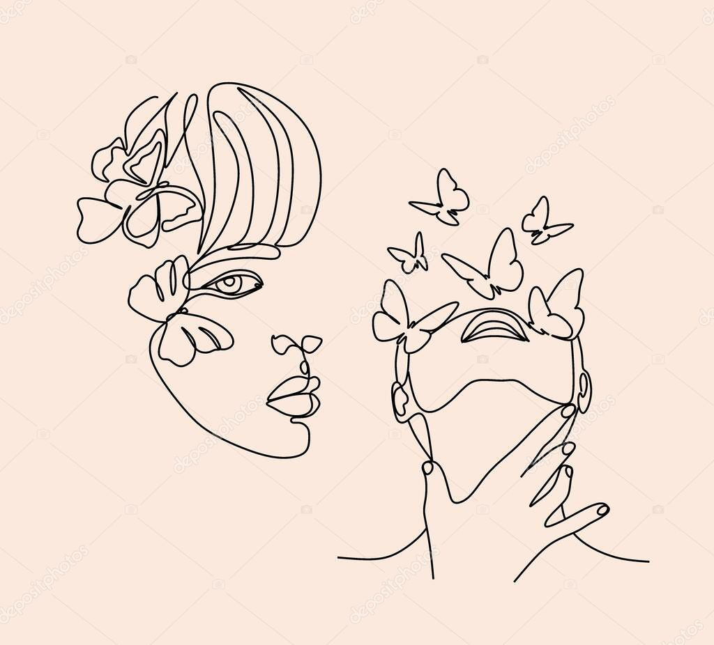 Cara abstracta con mariposa por dibujo de una línea. Retrato de estilo ...