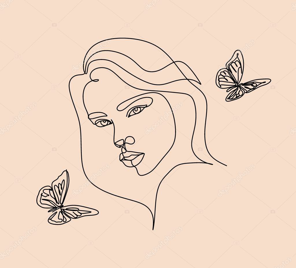 Cara abstracta con mariposa por dibujo de una línea. Retrato de estilo ...