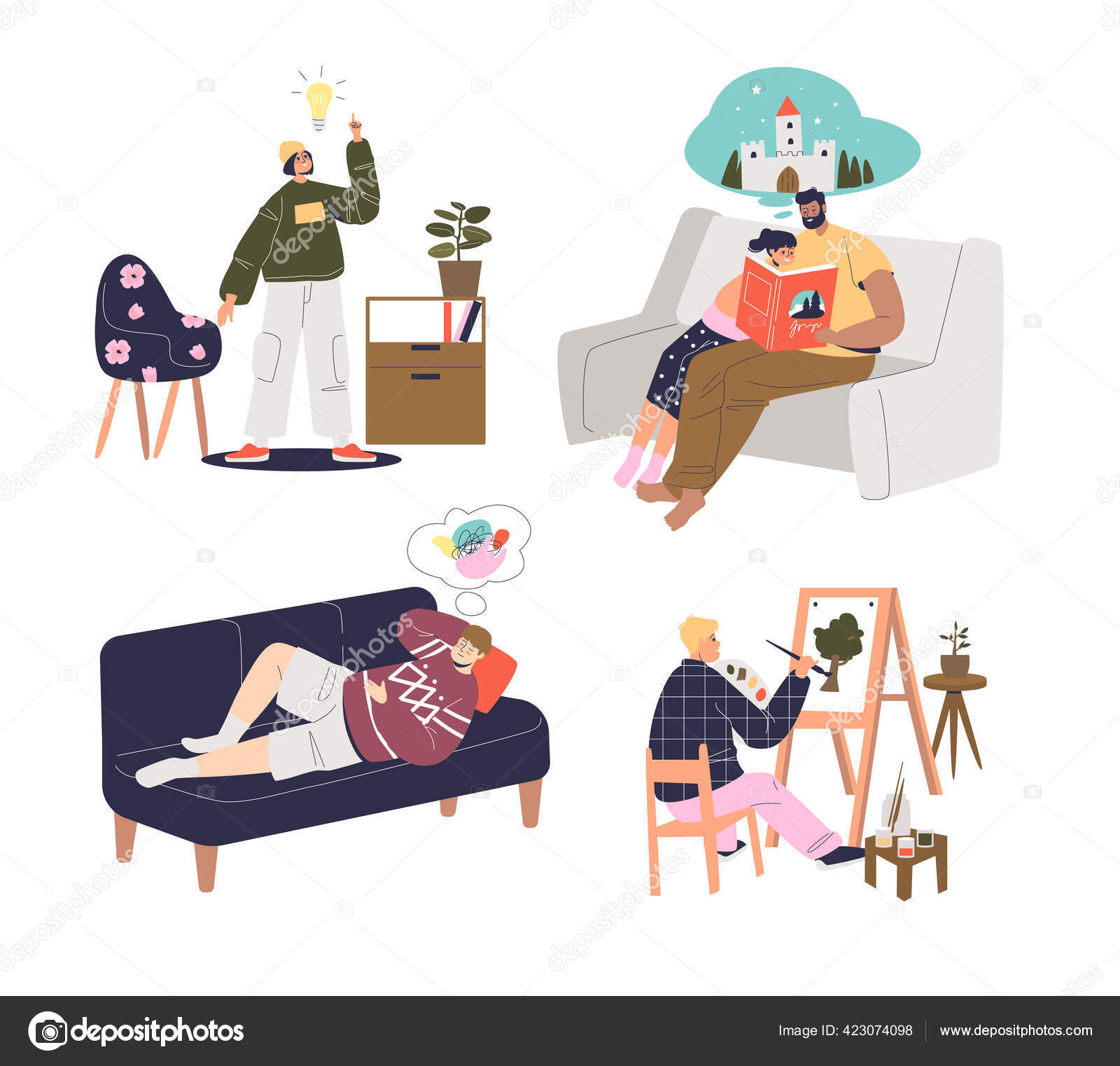 People imagination and inspiration concept with cartoon characters ...