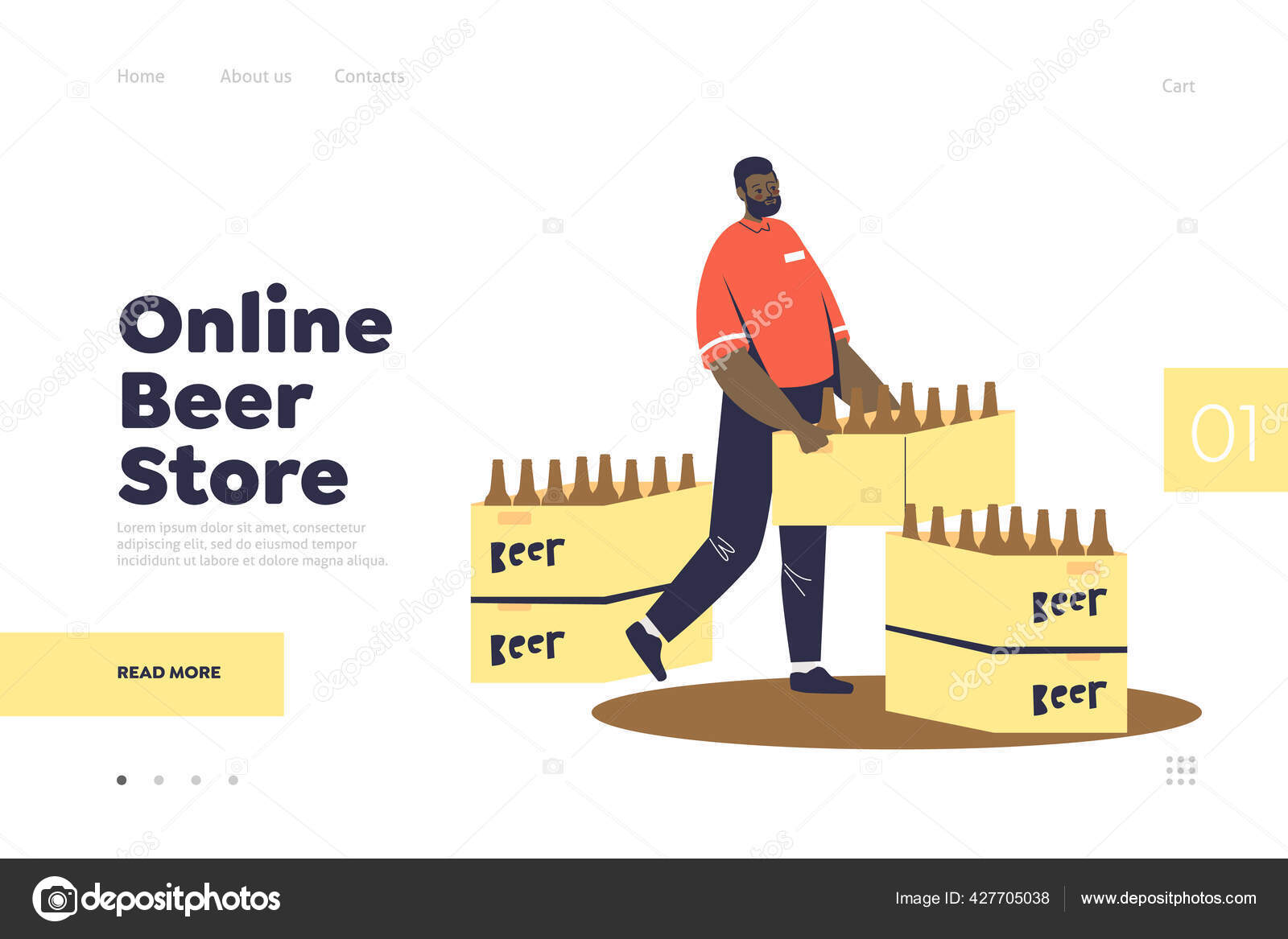 Online beer store landing page with courier delivering beer in bottles ...