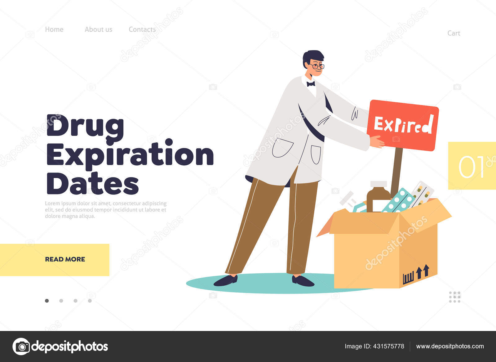 Drug expiration dates landing page with medical doctor and box of ...