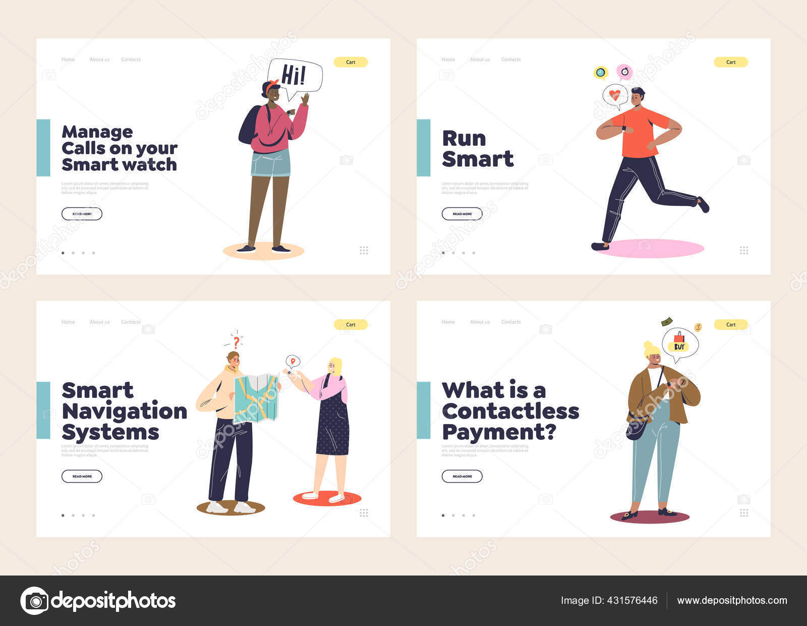 Using smart watch application set of landing pages with cartoon ...